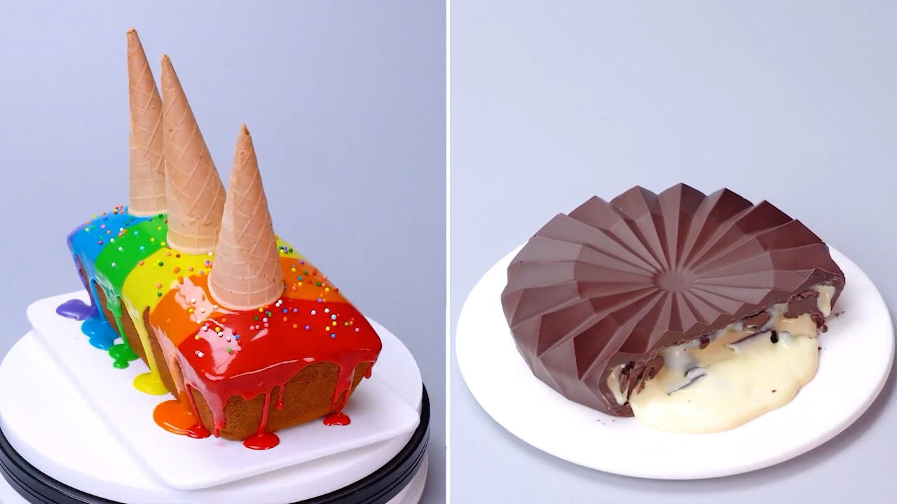 Rainbow ice cream cone cake and chocolate spiral cake
