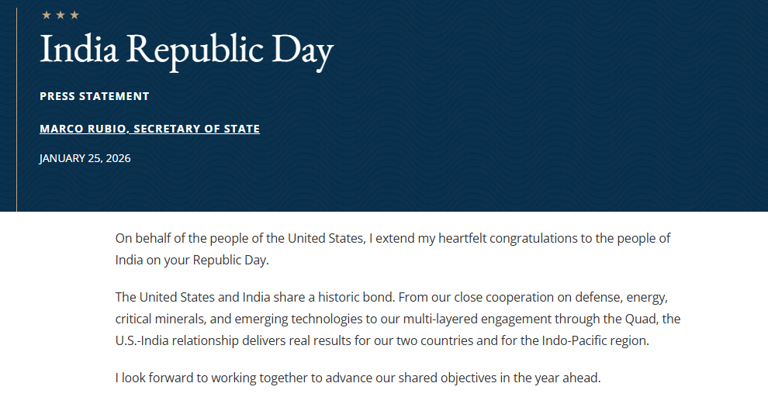 A historic bond: US extends greetings to India on 77th Republic Day
