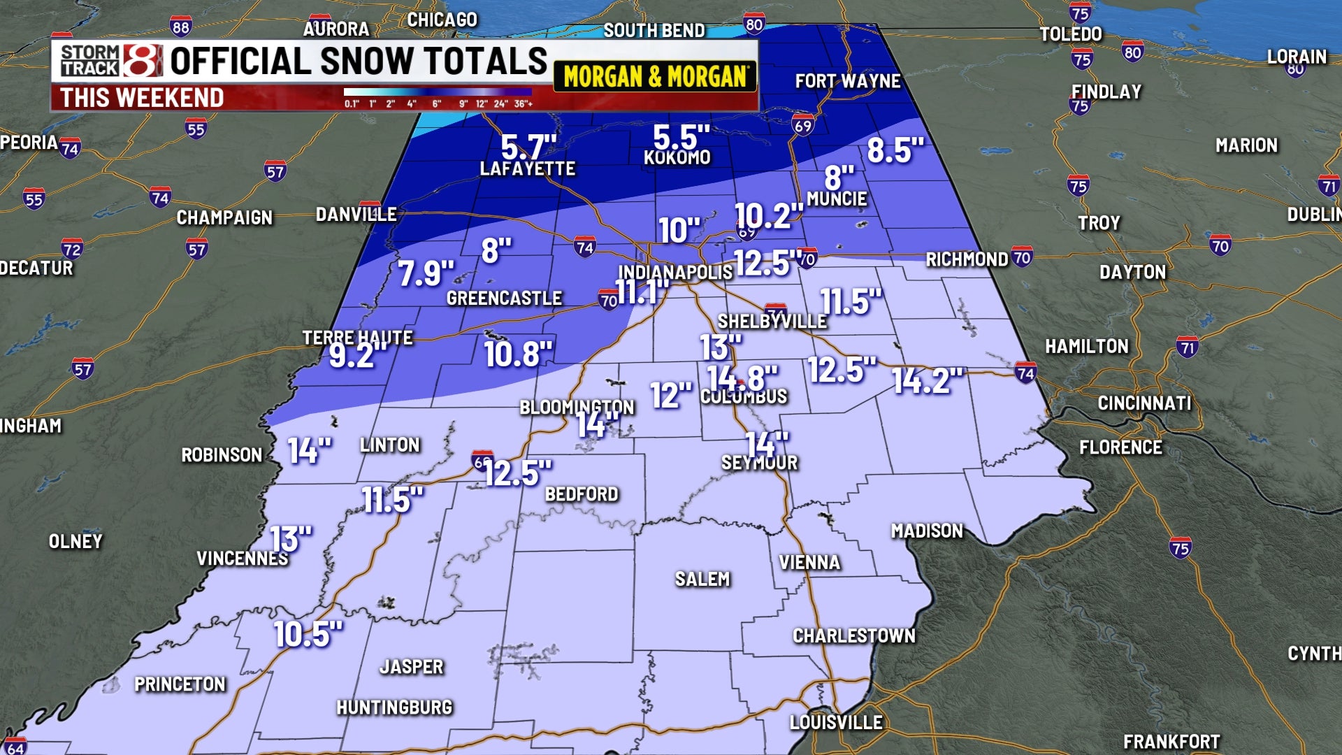 Columbus tops central Indiana snowfall tallies from weekend winter storm