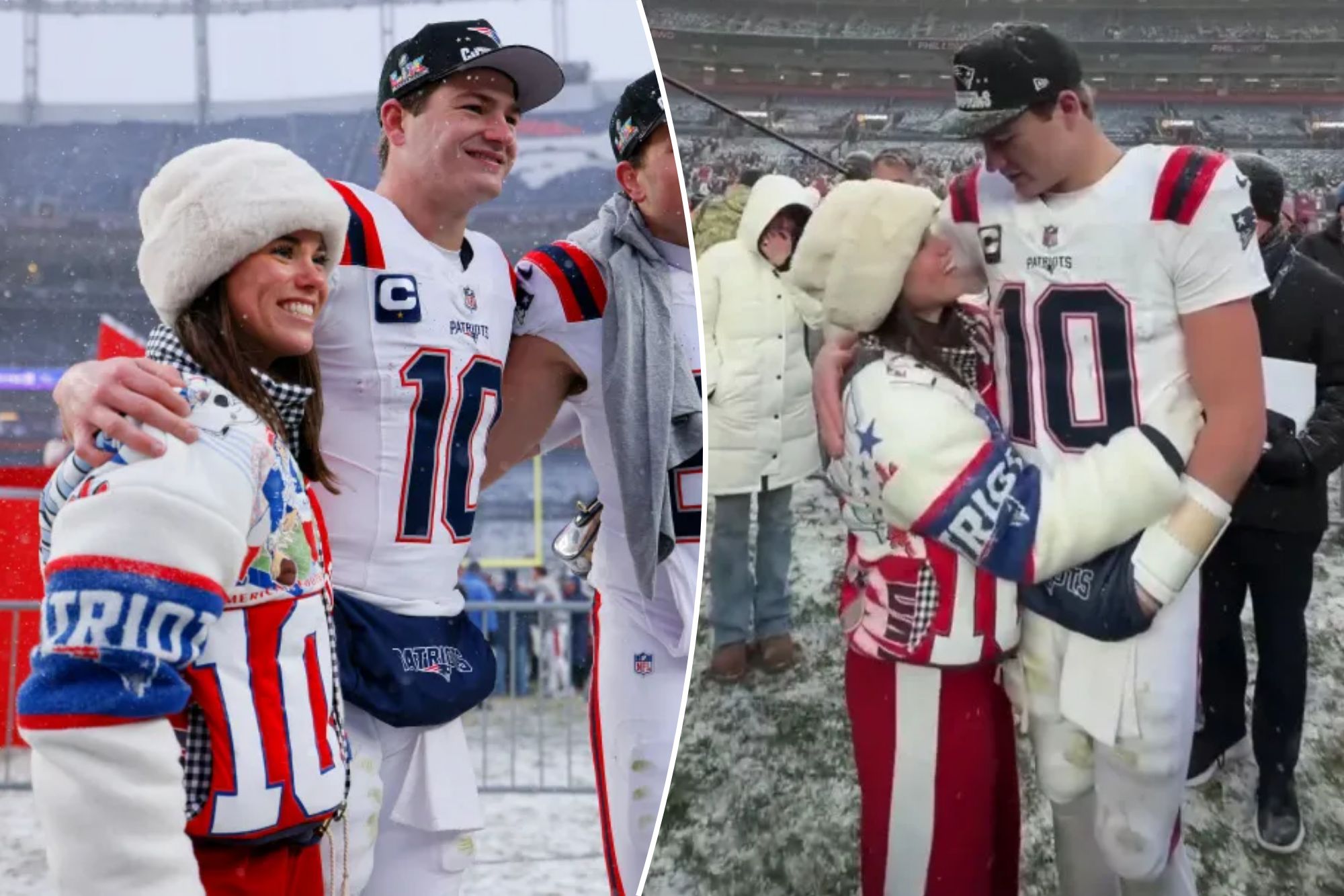 Drake Maye, wife Ann Michael embrace after Patriots’ AFC Championship ...