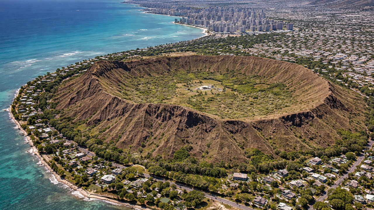 Oahu’s iconic crater and seaside district aerial view