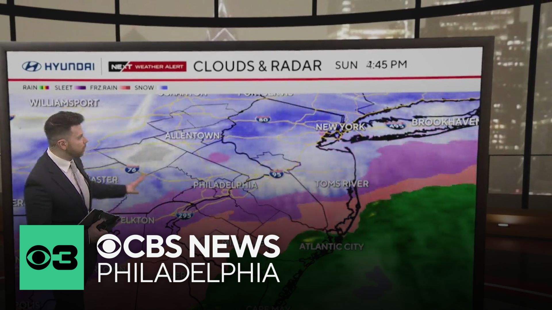 When will Sunday's winter storm end in Philadelphia region?