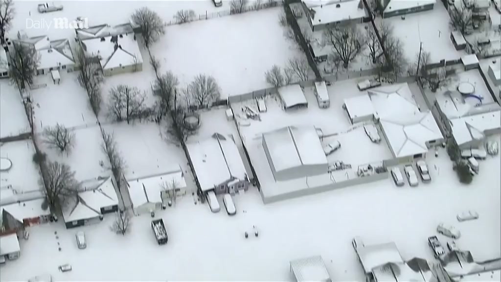 Aerial view shows snow-covered Oklahoma City amid winter storm