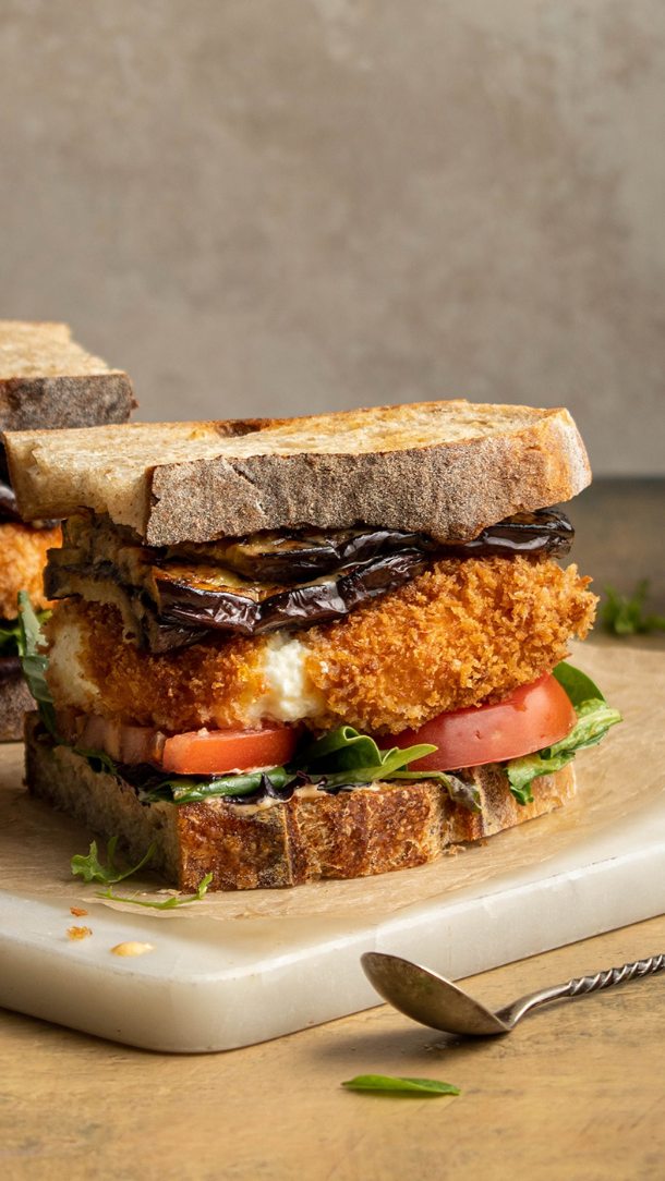 Epic fried burrata and eggplant sandwich on sourdough