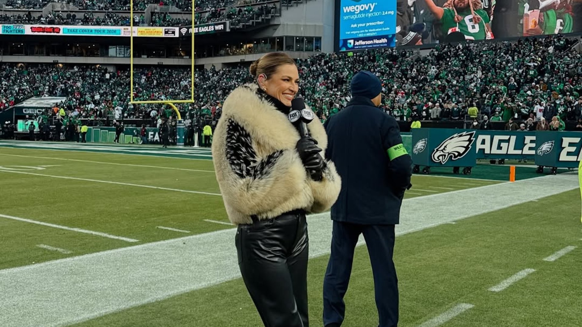 Erin Andrews rocks another fur coat at NFC Championship after viral moment