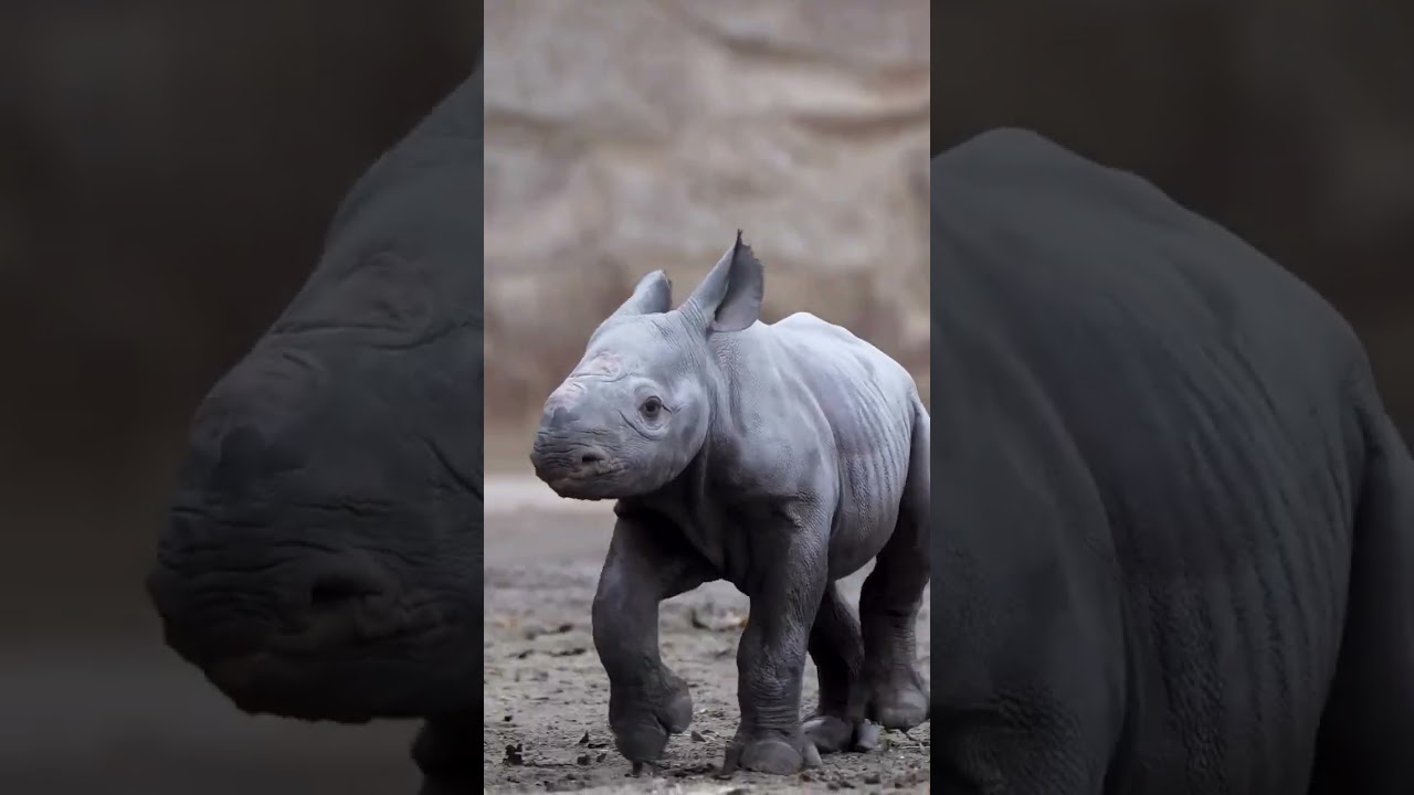 Eastern black rhino baby takes first steps into the wild