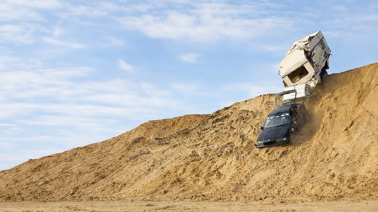 Caravan crashes down sandhill in wild offroad trip