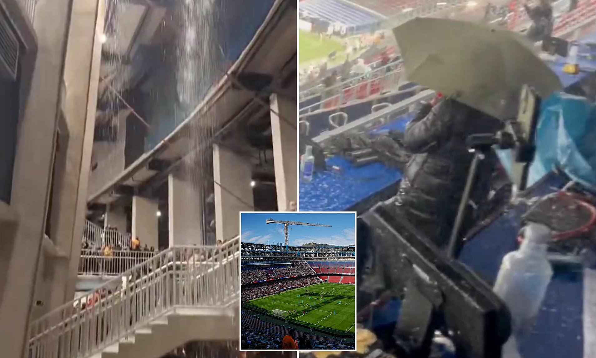 Barcelona's newly-renovated Nou Camp is flooded by heavy rain as ...