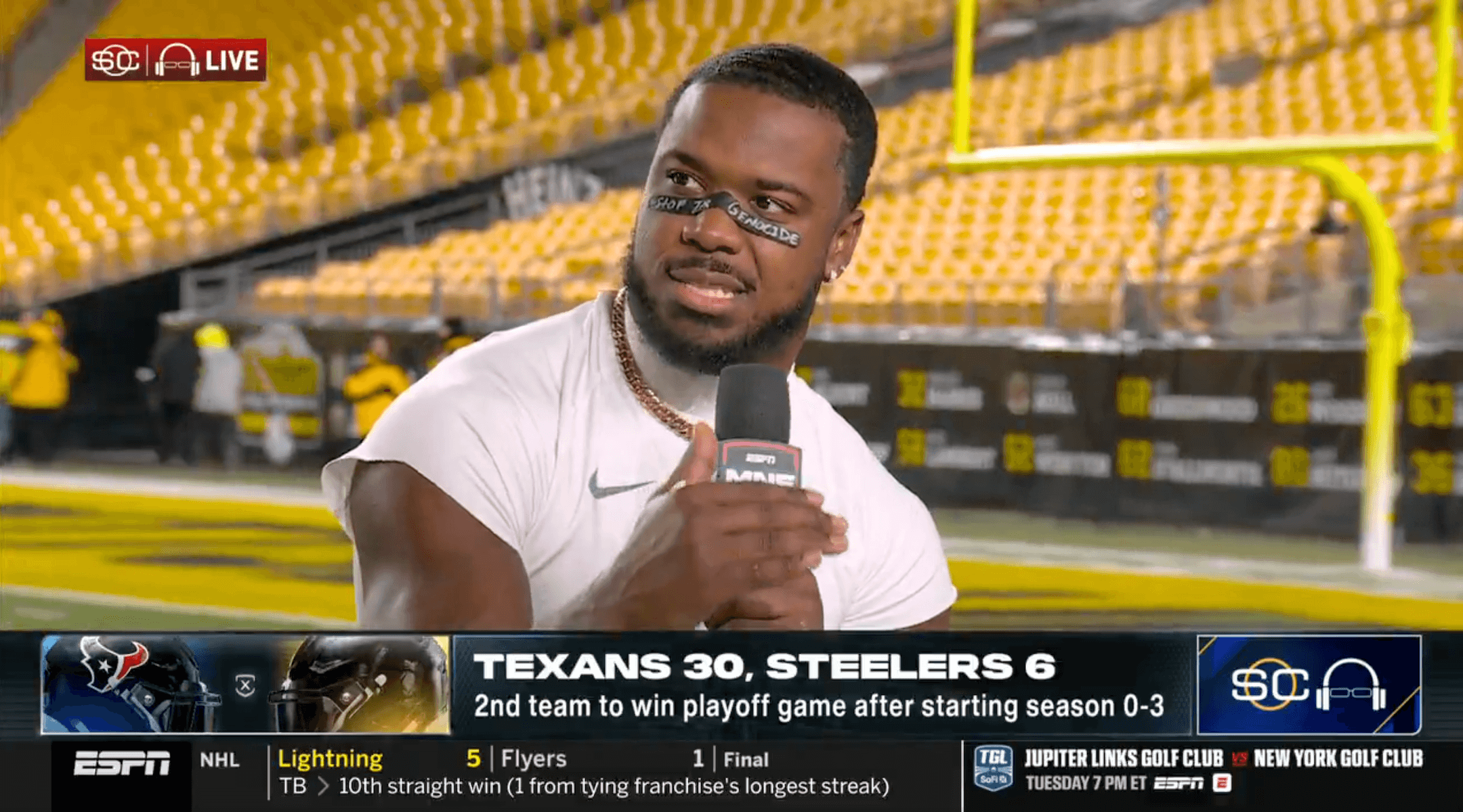 Houston Texans linebacker Azeez Al-Shaair wears 'stop the genocide' eye ...