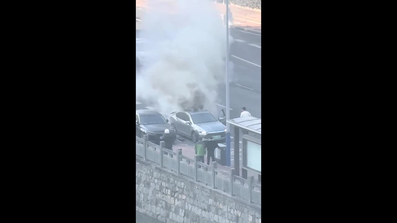 Electric car catches fire on roadside in Zhejiang, China