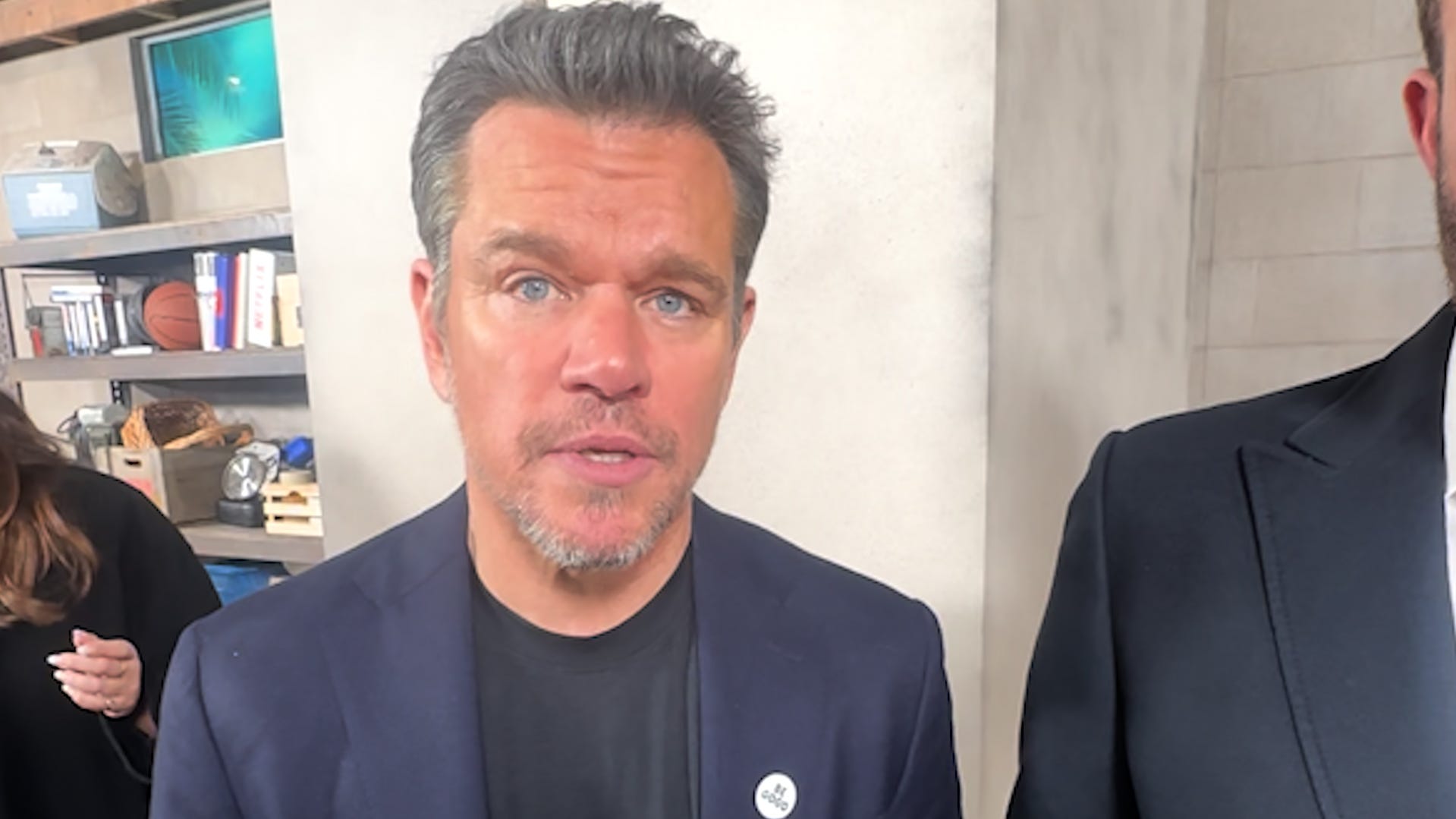 Matt Damon protests ICE with a 'Be Good' pin at 'The Rip' premiere