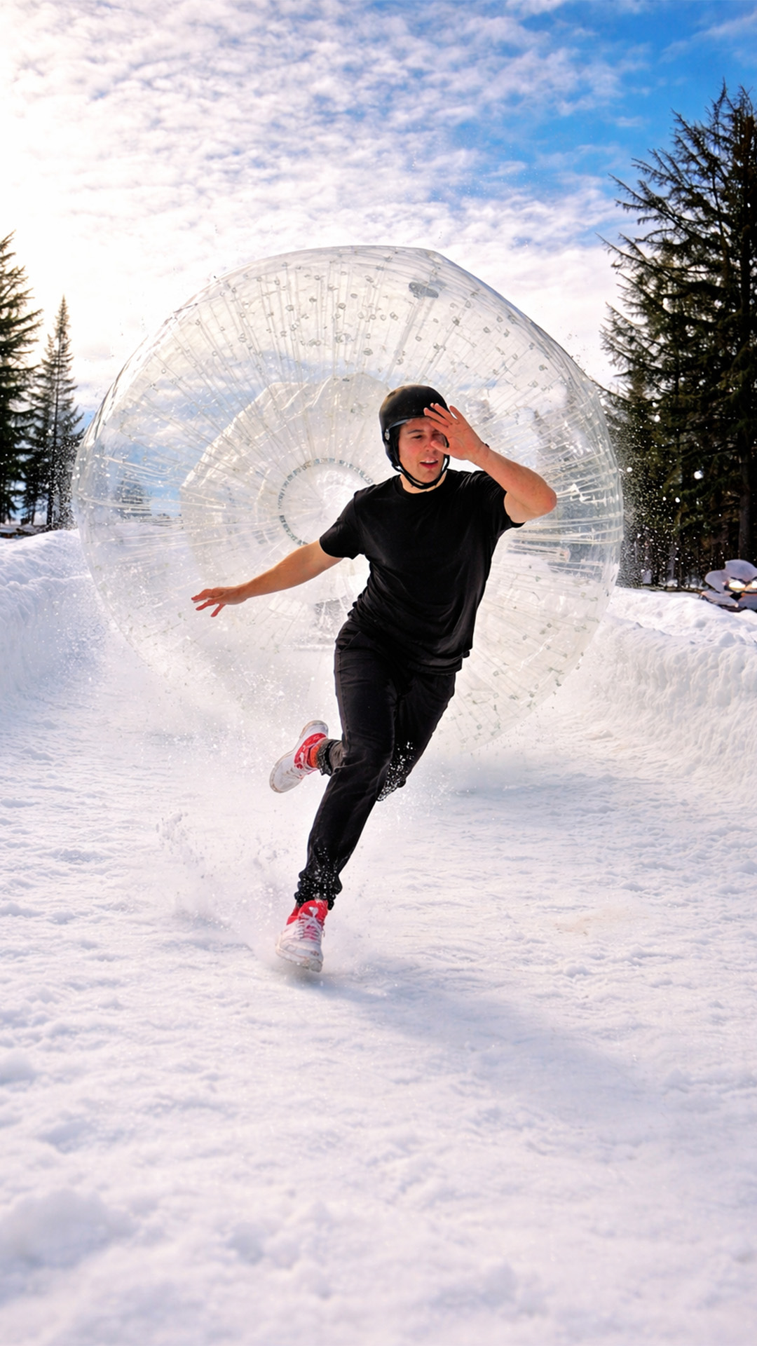 Running from a giant balloon in the snow