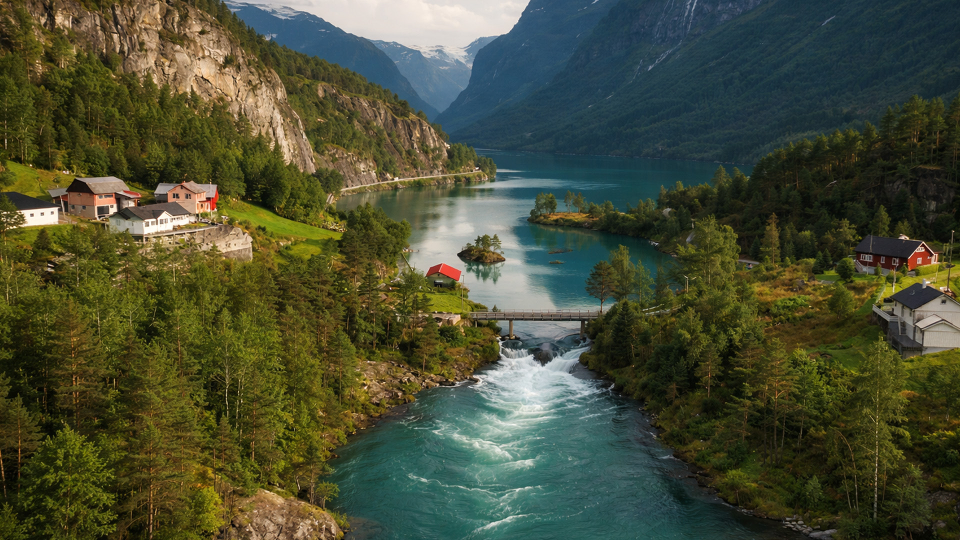 A village between water and mountains