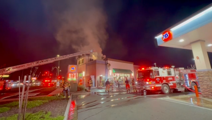Fire agencies battle blaze at 76 gas station in South Sacramento