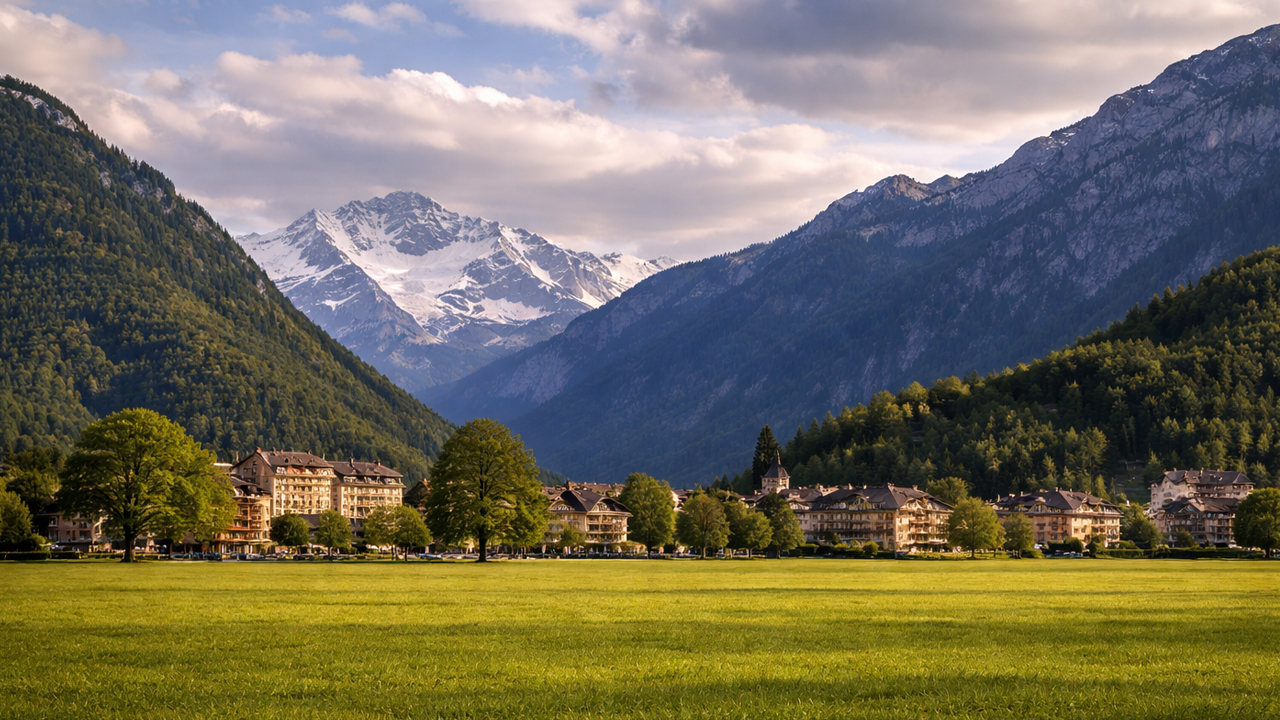 A peaceful walk through Interlaken surrounded by the Alps