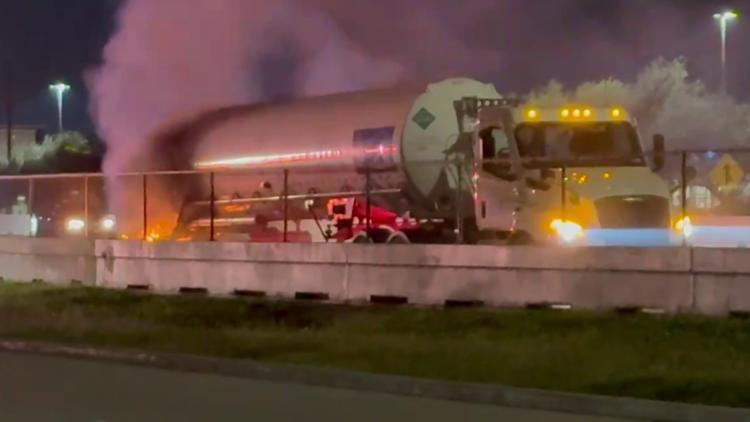 Tanker carrying liquid nitrogen catches fire on Beltway 8 northbound at ...