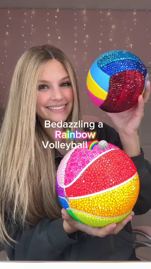 Bedazzling a rainbow volleyball - satisfying rhinestone DIY