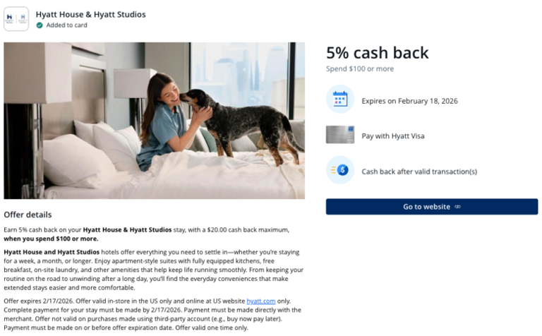 New Chase offers for Hyatt Place, Hyatt House, and Hyatt Studios [Targeted]