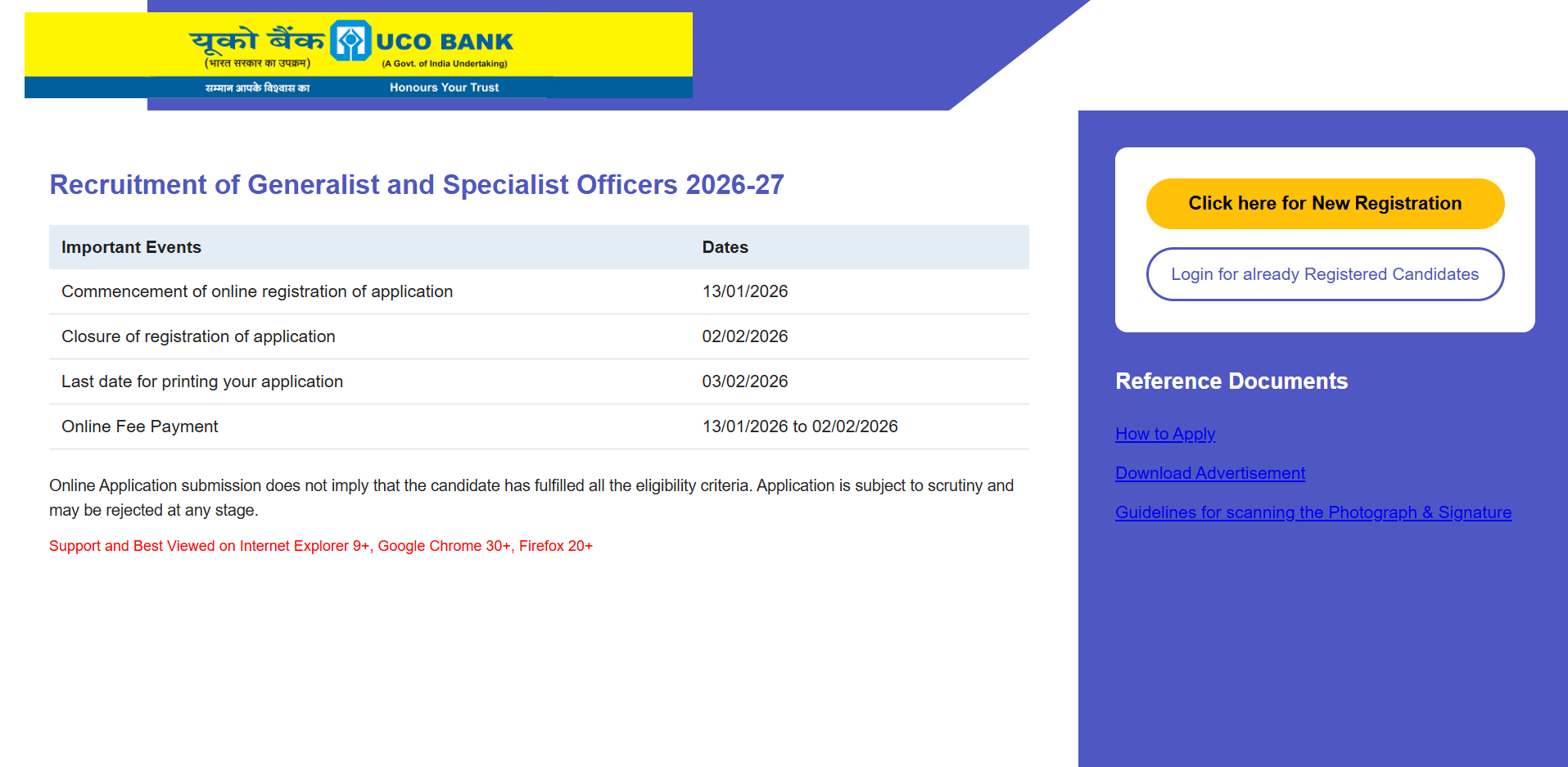 UCO Bank SO recruitment 2026-27: Registration window opens for 173 ...