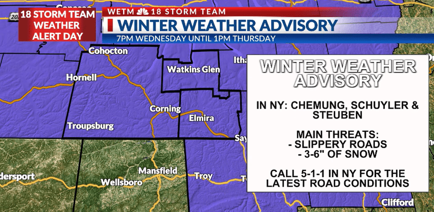 Alert: Winter weather advisory issued for Twin Tiers