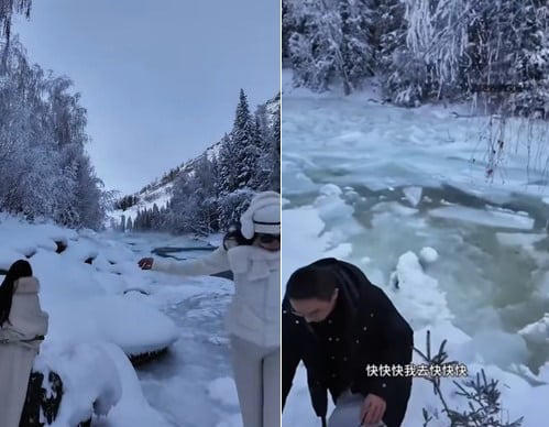 Tourists escape sudden ice surge at Chinese river