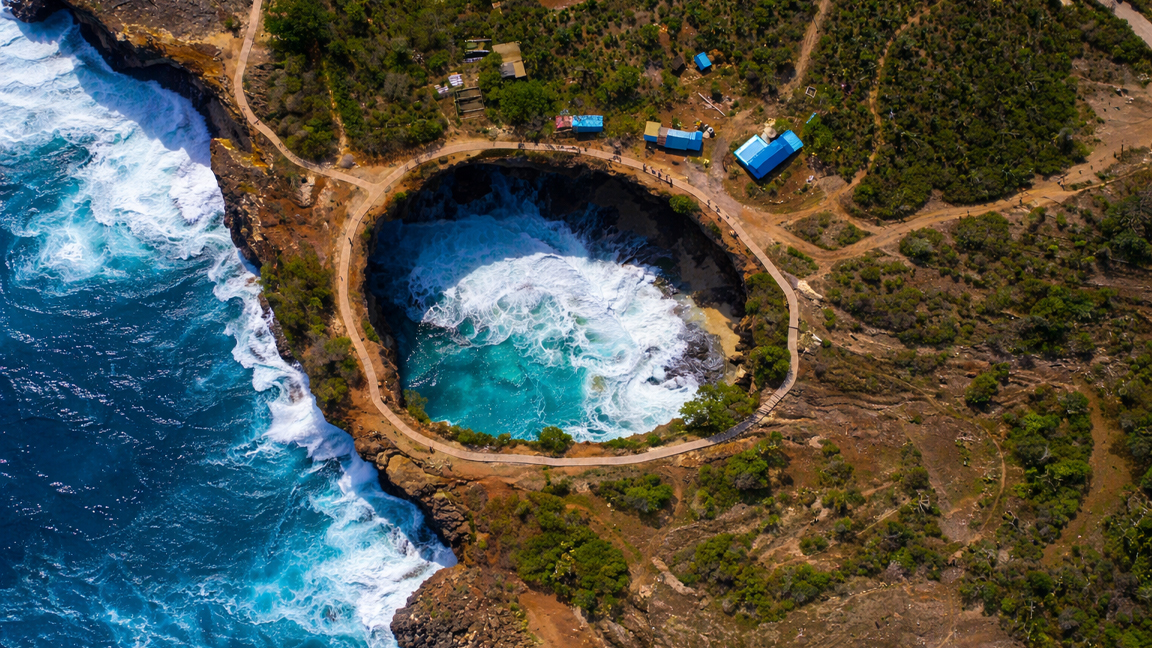 Ocean waves fill the natural lagoon