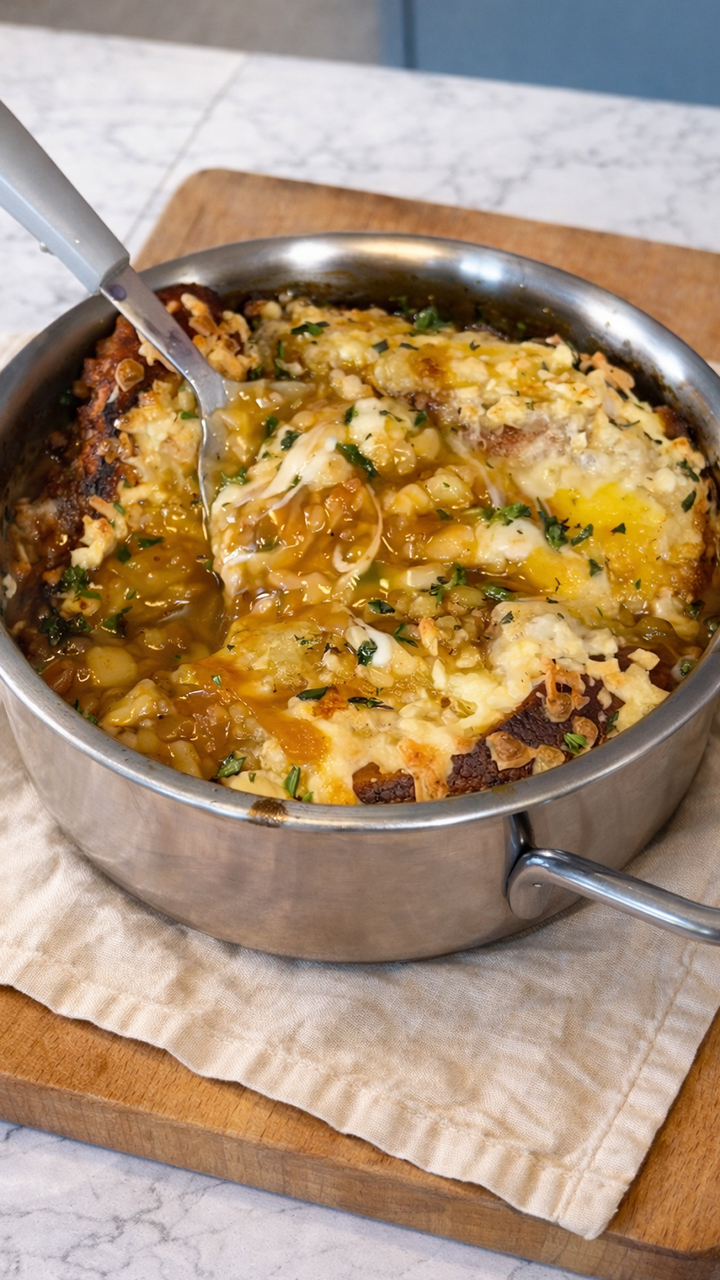 Making vegan French onion soup with baguette