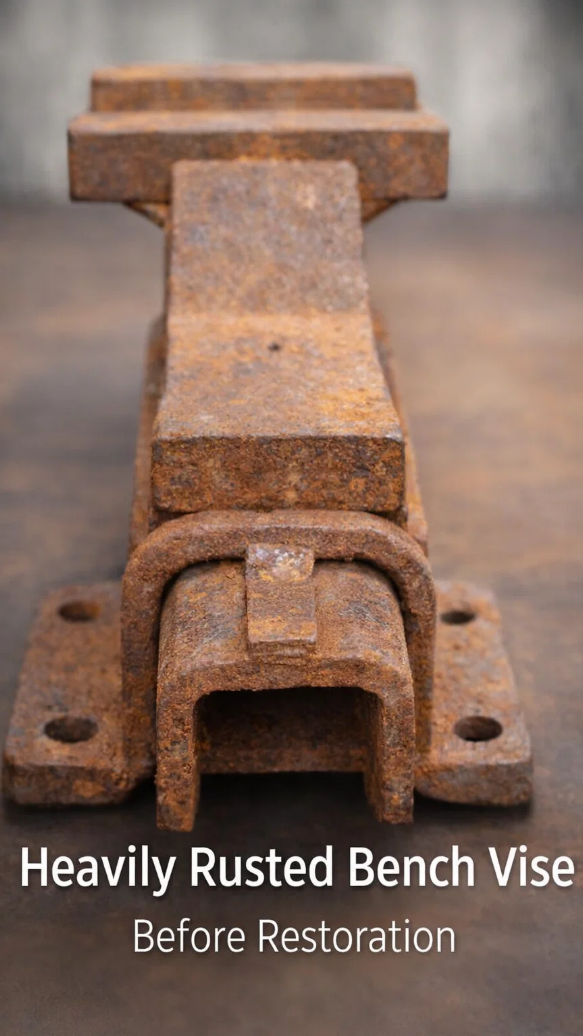 Heavily rusted bench vise before restoration