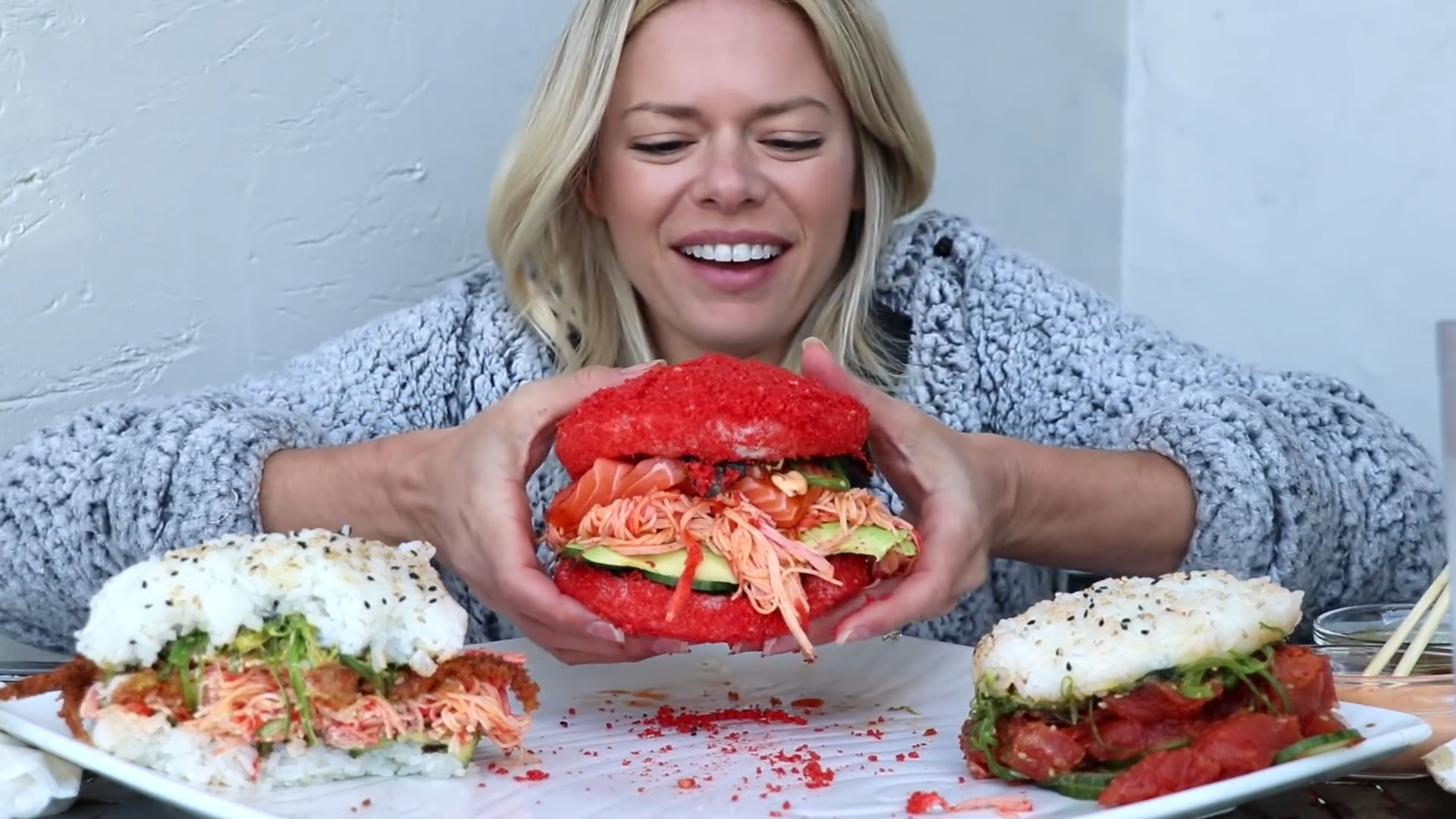 Sushi burger mukbang with Flamin' Hot Cheetos