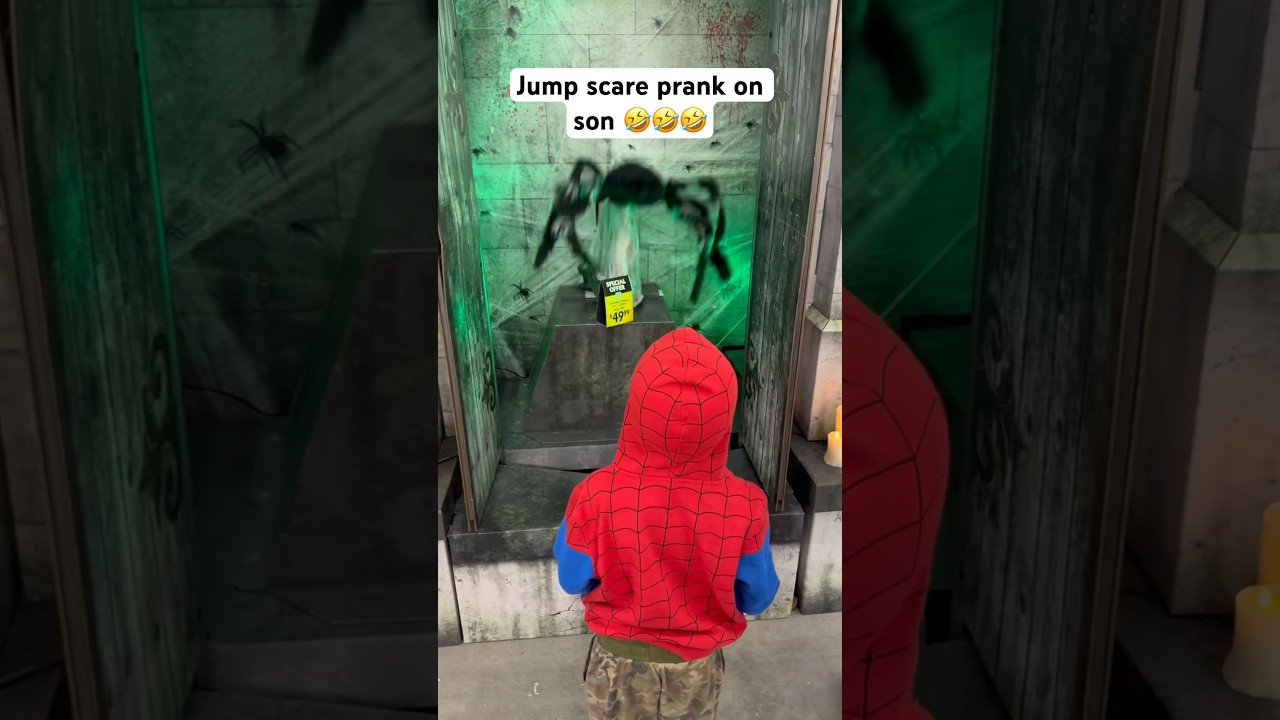 Spirit Halloween spider scares son