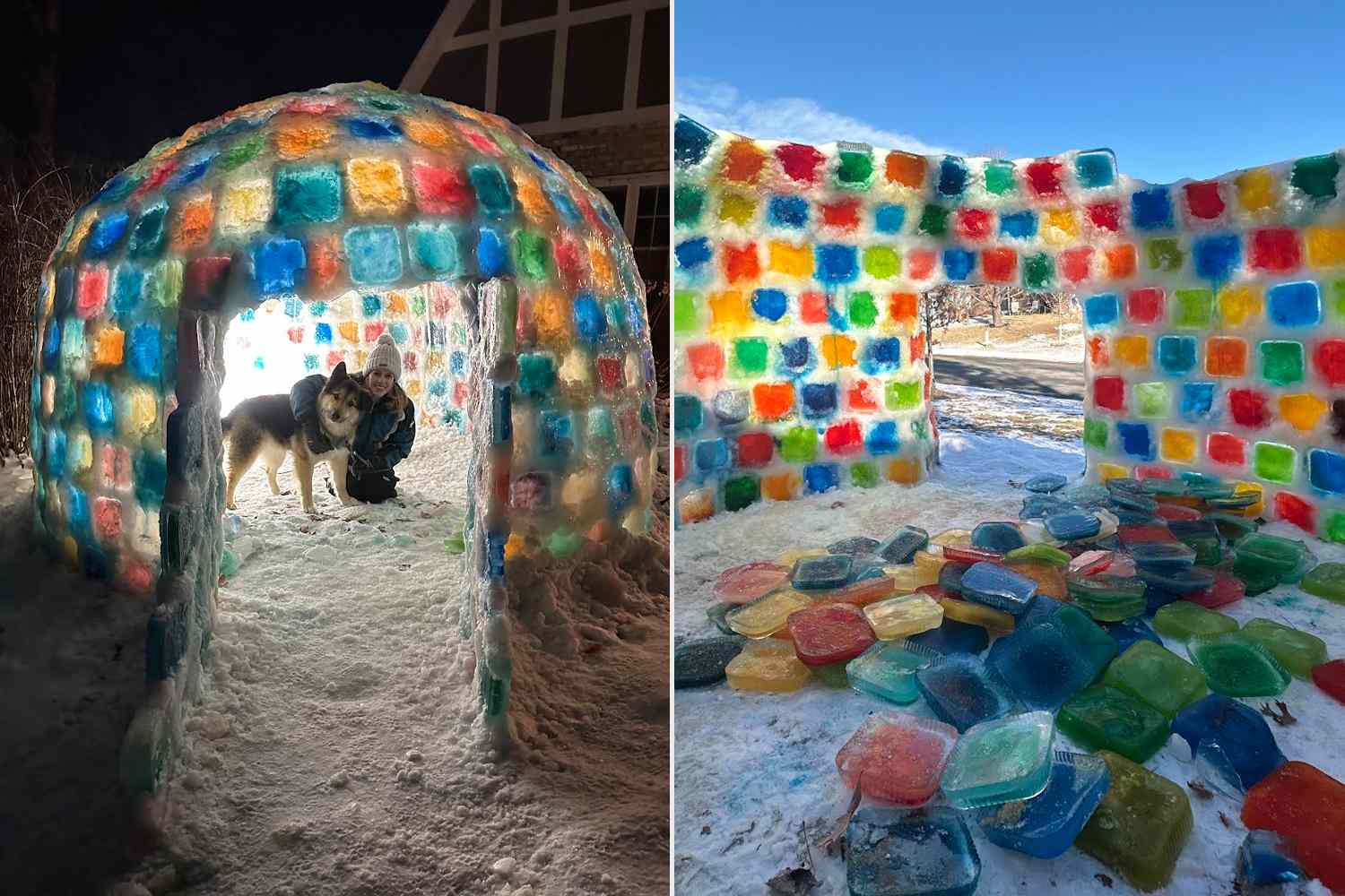 Family builds 12-foot rainbow igloo using 700 ice blocks. Then a warm ...