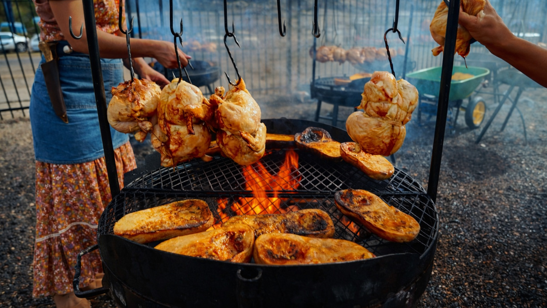 Cooking over open fire at a rodeo