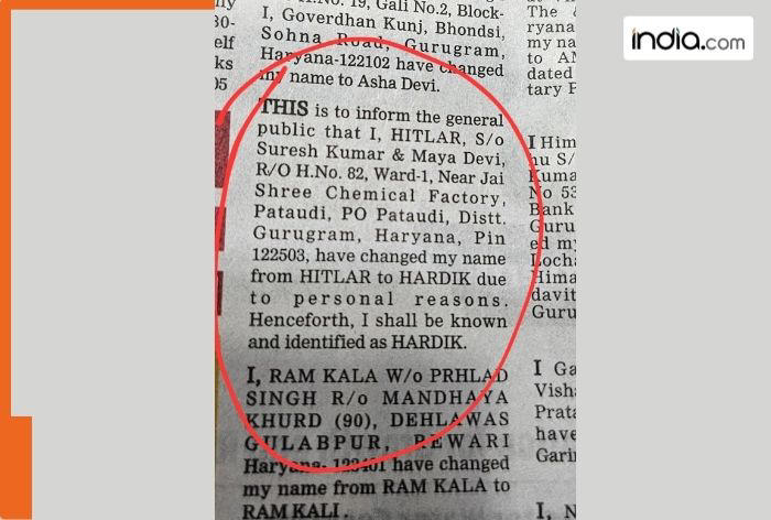 Gurugram man's name change from 'Hitlar' to 'Hardik' due to 'personal ...