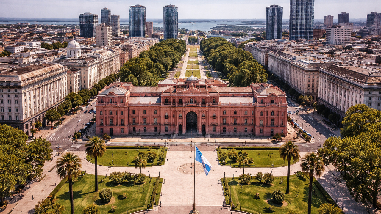 Casa Rosada and urban axis from the sky