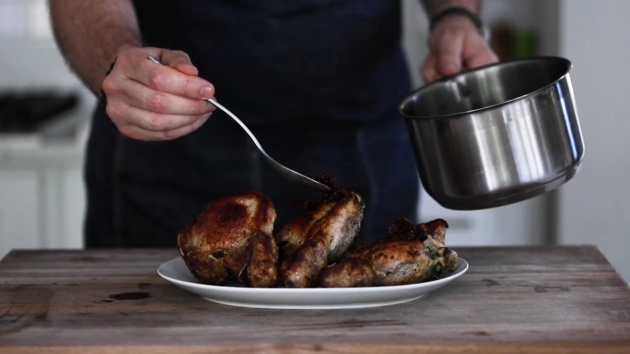 Bone-in pork chops with a rustic cherry-sourdough stuffing