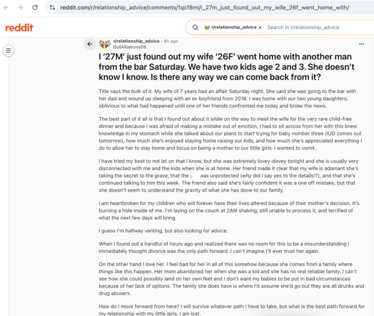 His wife slept with her ex-boyfriend, didn't tell him, and now wants to ...