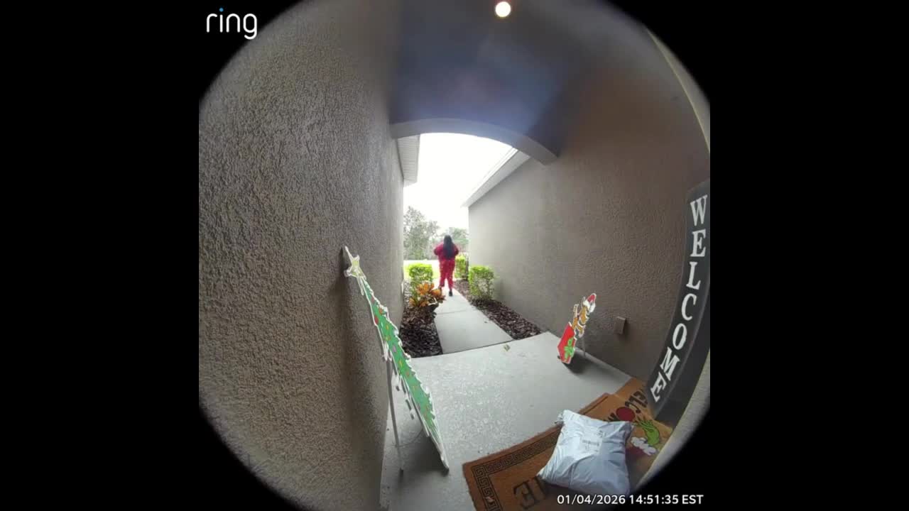 Delivery worker throws package onto porch in Deltona, Florida, USA