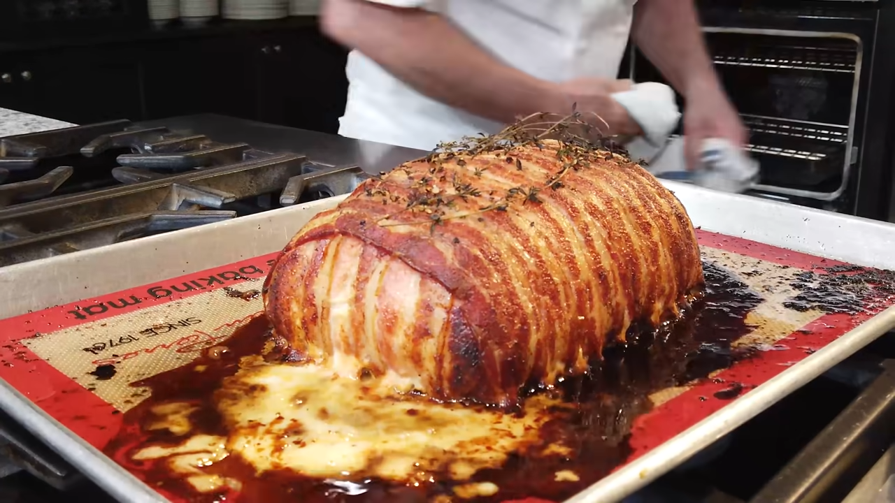 Juicy chicken meatloaf meets crispy bacon