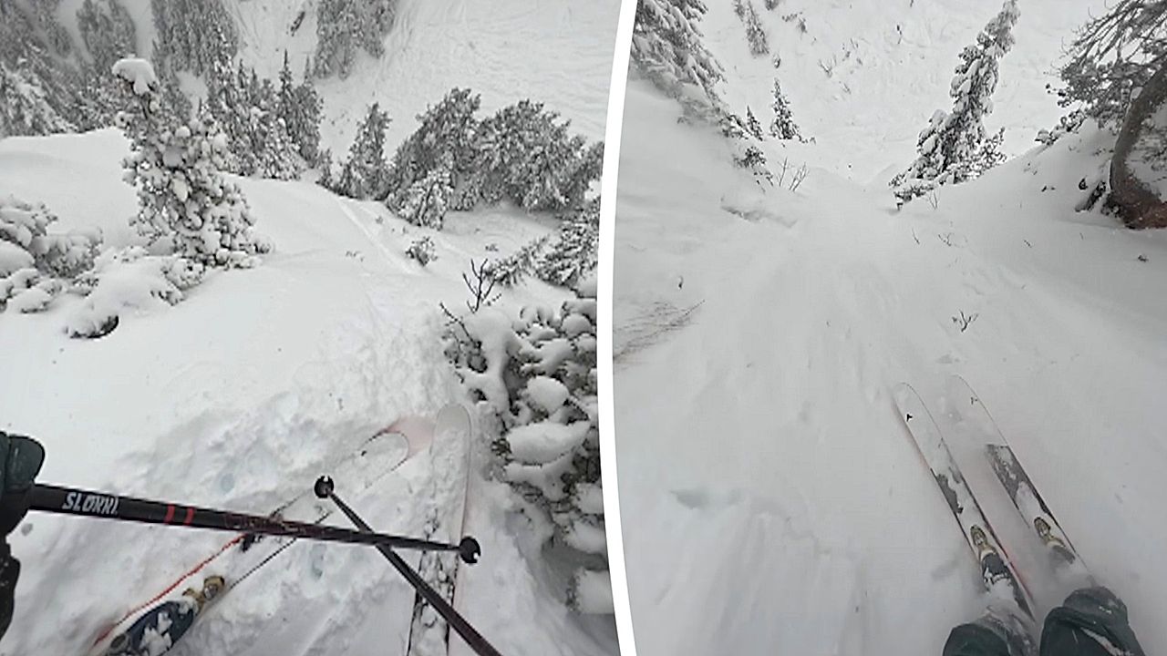 Skier drops into extreme off-piste terrain in the French Alps