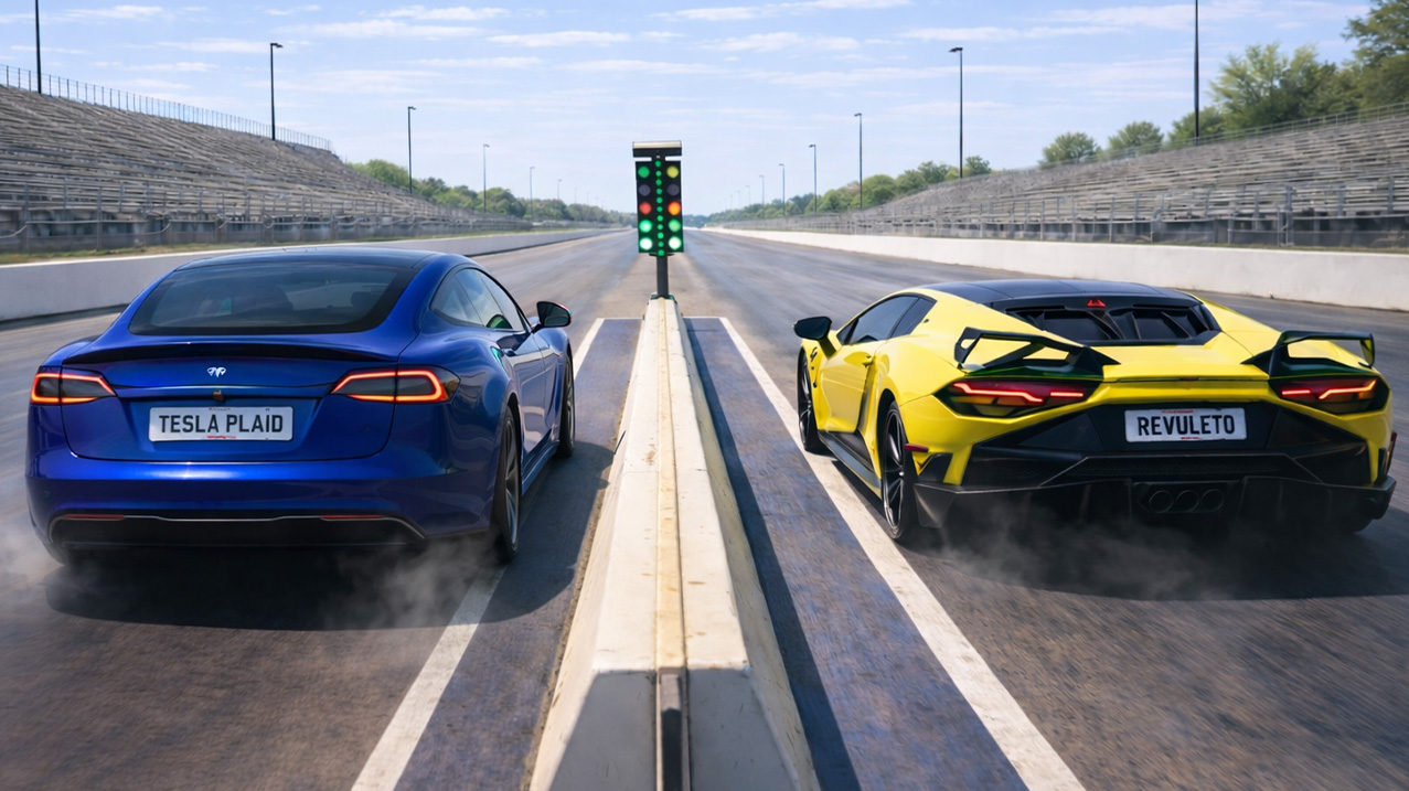 Tesla Plaid vs Revuelto drag race