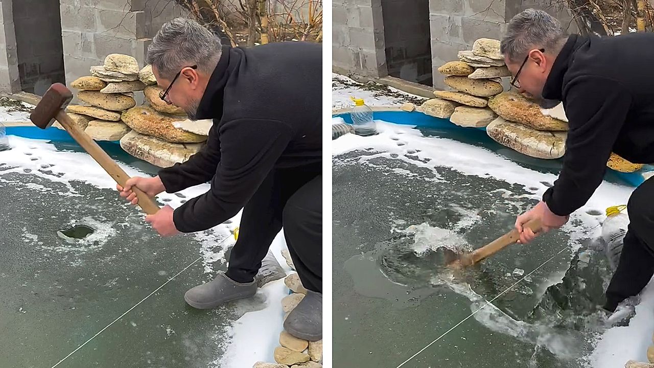 Man trying to rescue fish falls into frozen pond