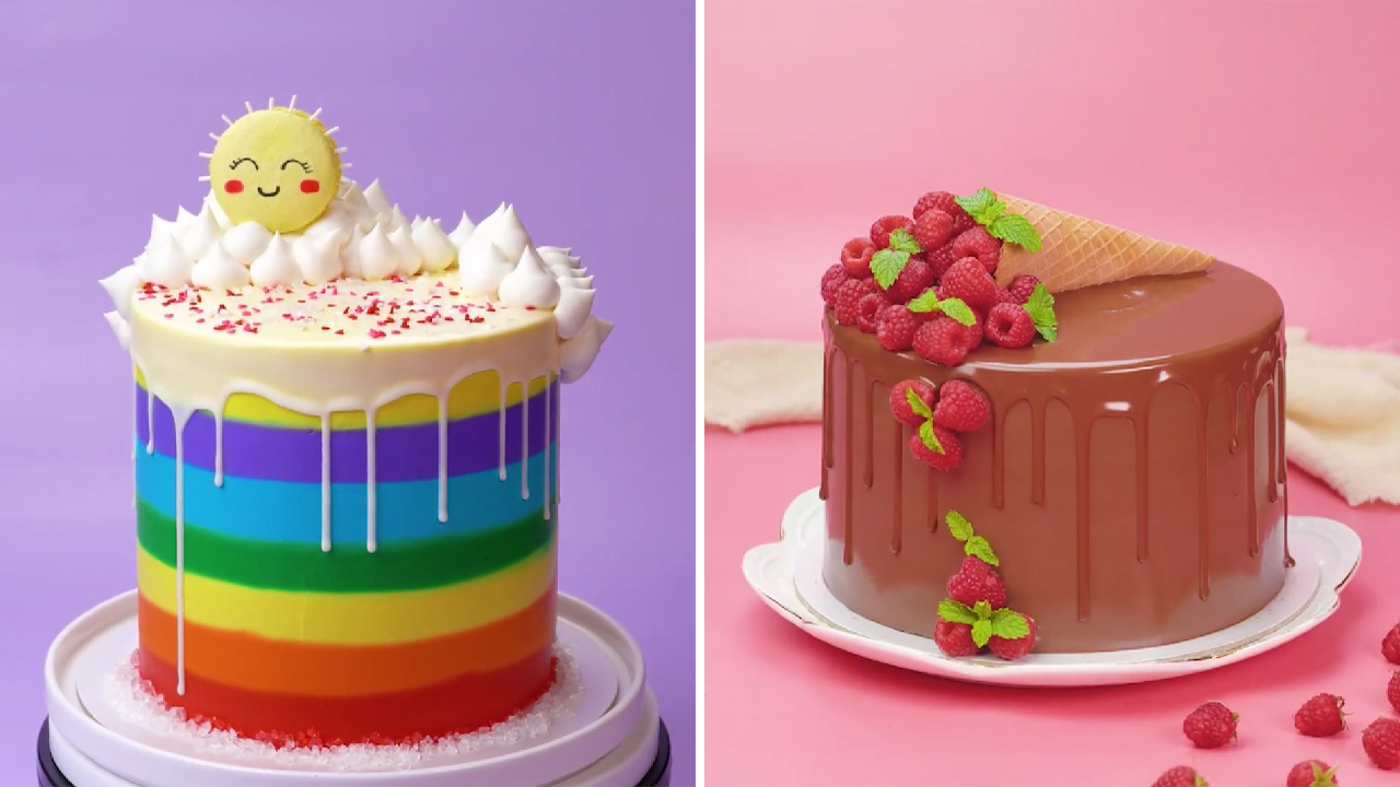Rainbow layer cake and chocolate raspberry drip cake