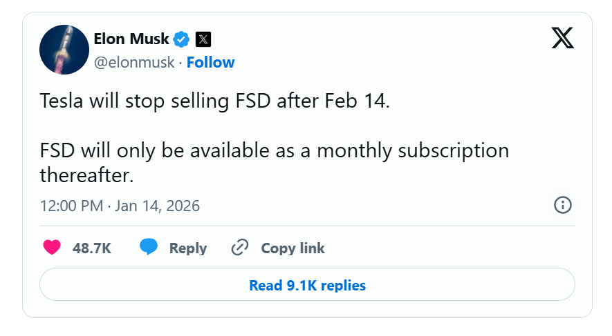 Tesla shifts full self-driving (FSD) to subscription-only model: From ...