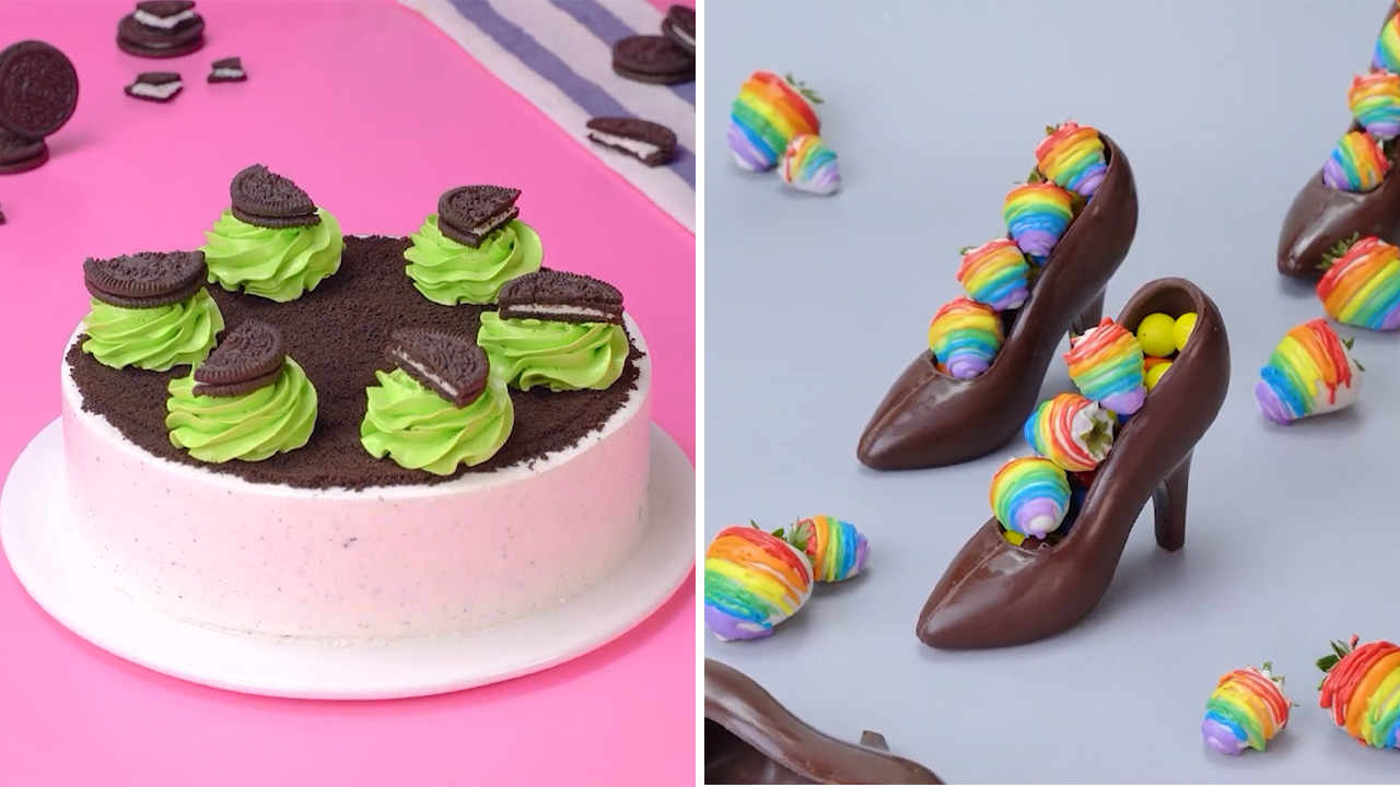 Oreo cake and rainbow chocolate shoe desserts