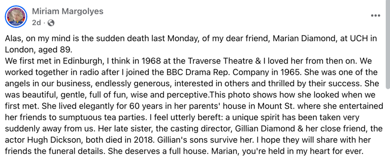 Miriam Margolyes 'bereft' after death of actor friend Marian Diamond