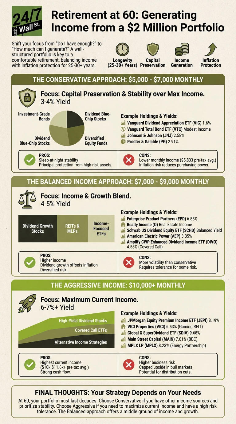 How much monthly income does a $2 million portfolio produce at age 60?
