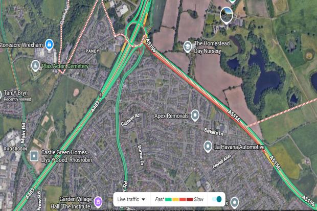 Traffic backing up approaching busy Wrexham roundabout