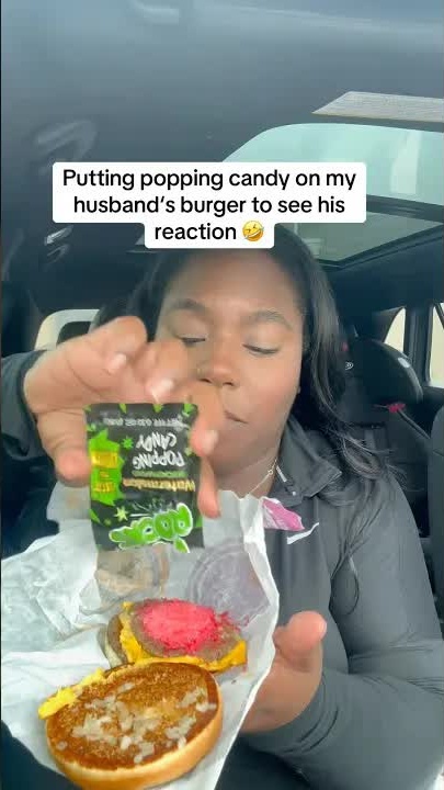 Hilarious husband reacts to popping candy burger!