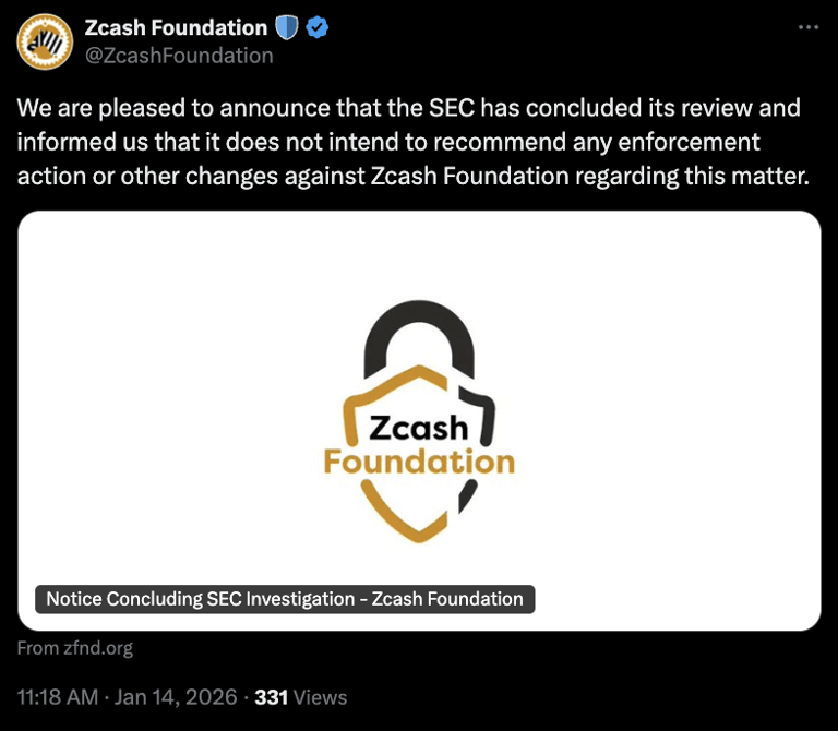 Zcash Foundation says SEC closed 2023 probe into privacy coin