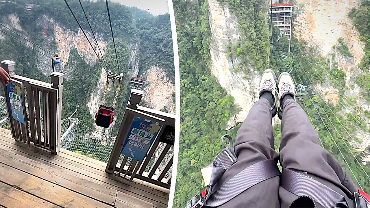 Tourist whizzes across gorge on terrifying 1,000ft zipline ride